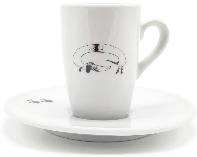 Porcelánový espresso šálek Jezevčík s podšálkem, 130 ml – s ručně malovanou perokresbou, český autorský design