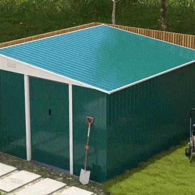 Outsunny Kovový zahradní domek se šikmou střechou a zamykatelnými dvojitými dveřmi 2,8 x 3,45 x 2,01 m, zelený