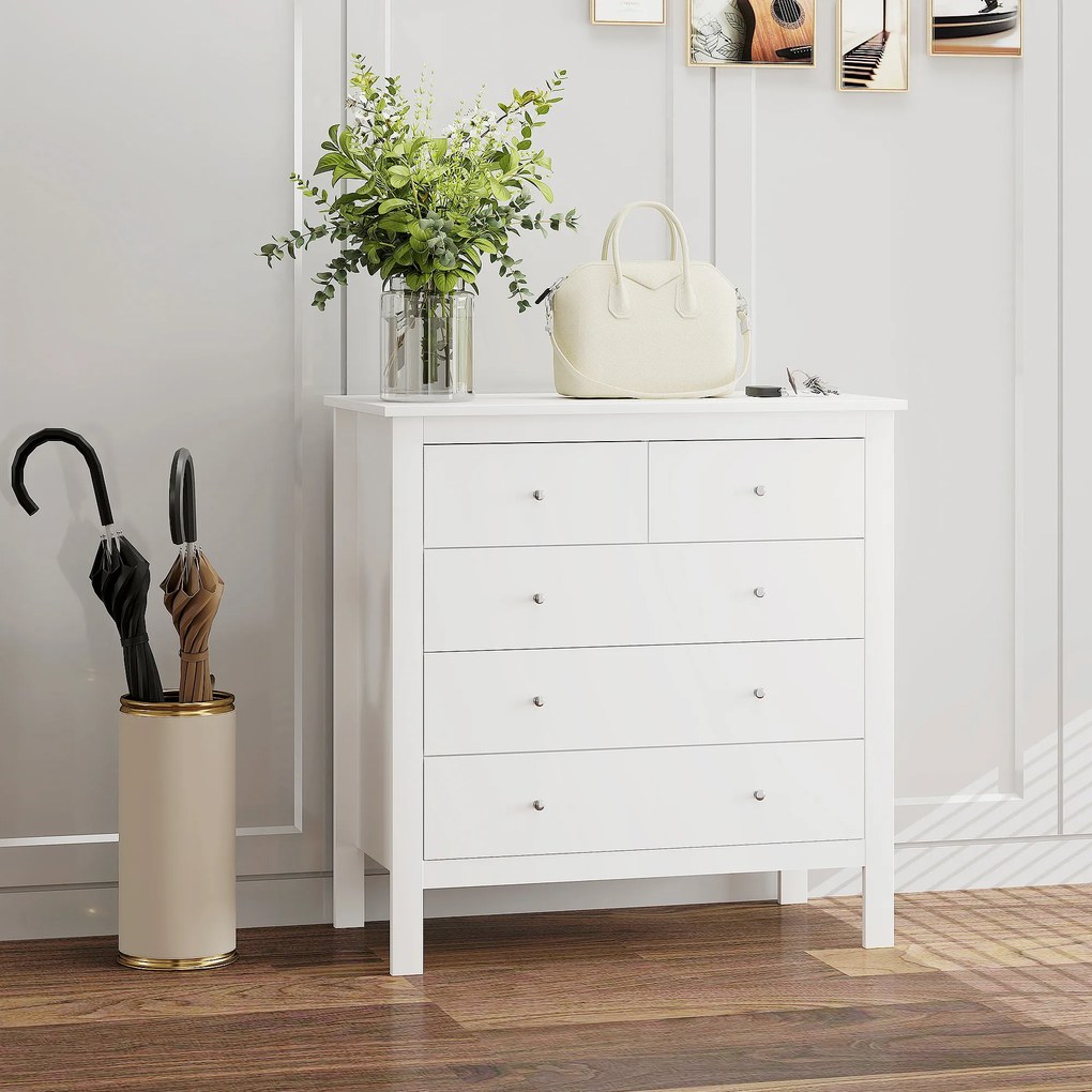 HOMCOM Komoda s 5 zásuvkami - Moderní úložná skříňka pro obývací pokoj, ložnici a chodbu, bílá, 79 x 39,5 x 80,5 cm