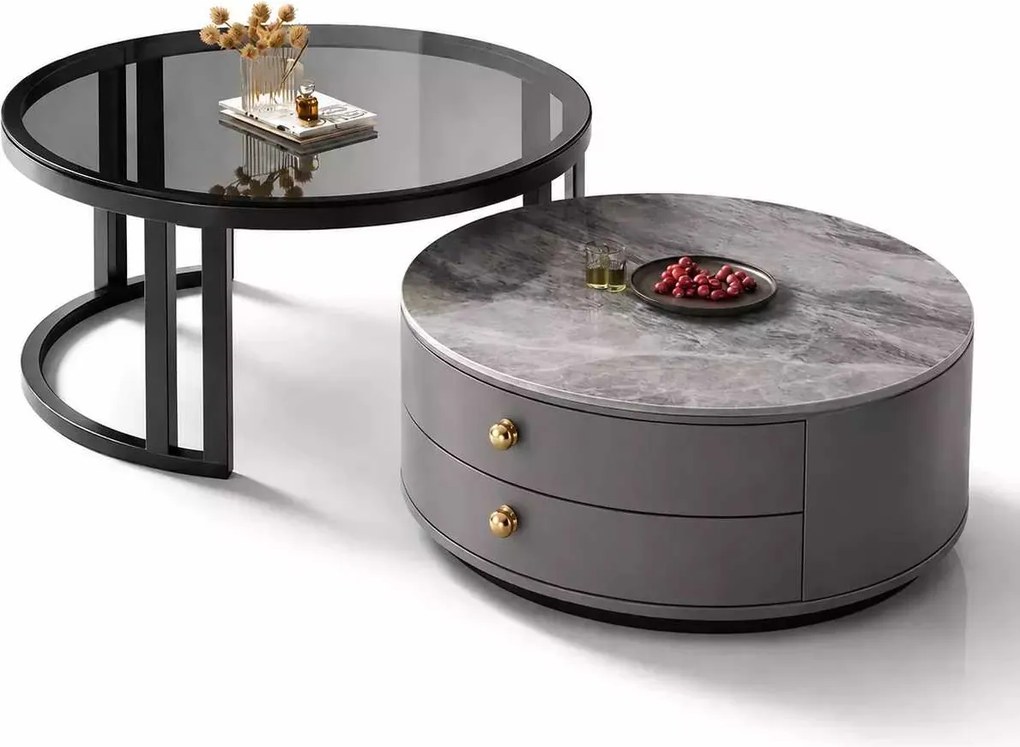 LuxuryForm DESIGN Konferenční stolek ORION 70 × 70 / 50 × 50 cm – šedý / šedý mramor + sklo (set 2 ks)