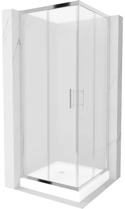 Mexen Rio, čtvercový sprchový kout s posuvnými dveřmi 70 x 70 cm, 5mm sklo námraza, chromový profil + bílá vysoká sprchová vanička Rio, 860-070-070-01-30-4510