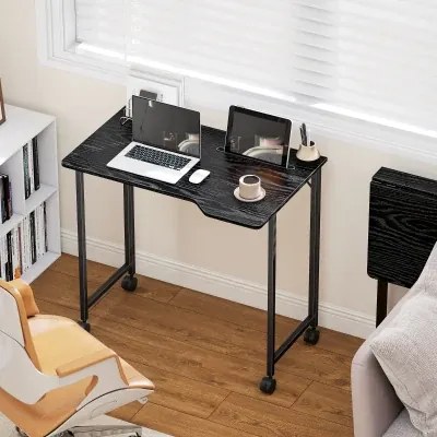 HOMCOM Skládací psací stůl 80 x 52 cm, počítačový stůl na kolečkách s přihrádkou na zařízení, snadná montáž, Černá