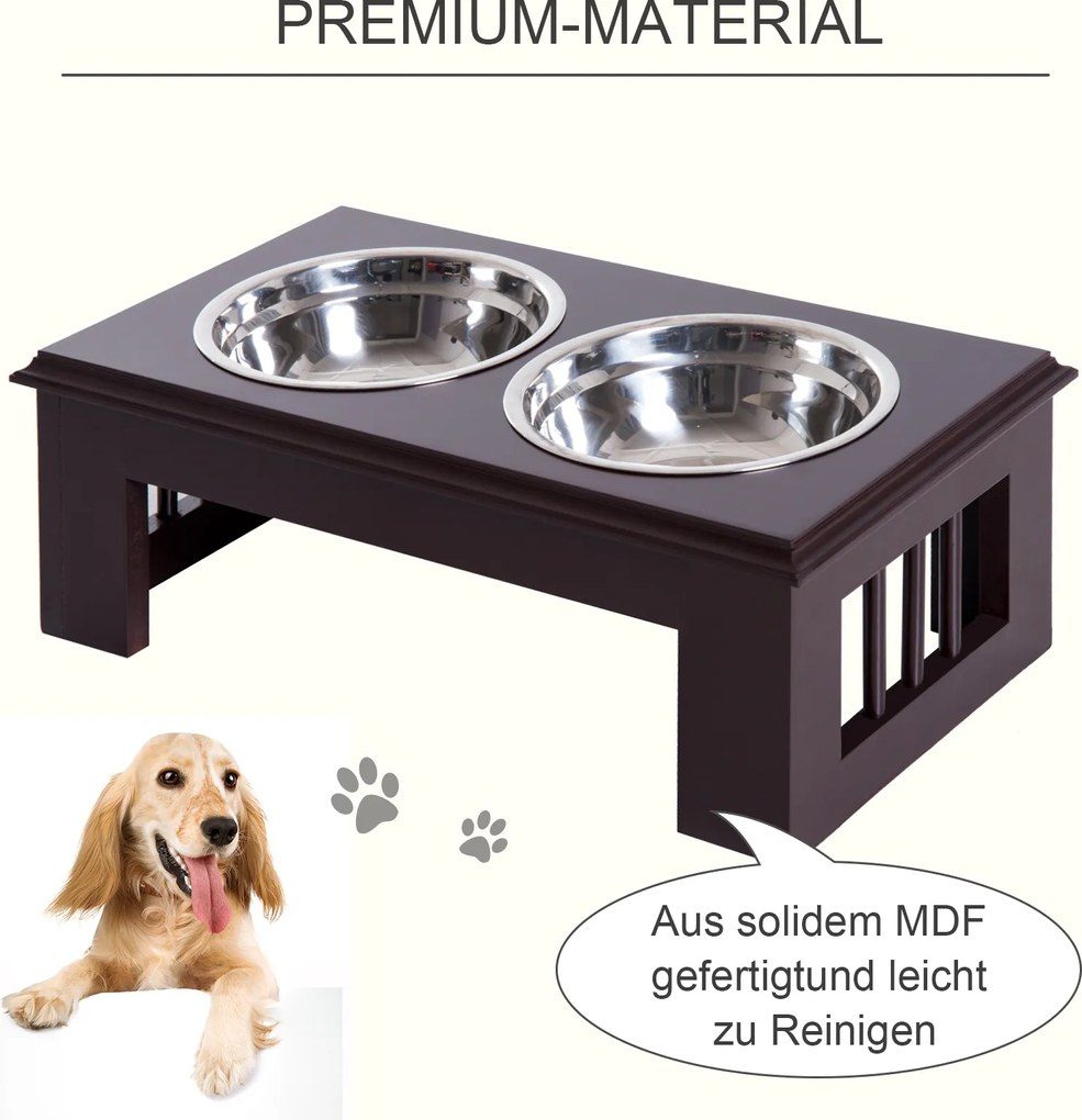 PawHut sada misek pro psy 2 nerezové misky na krmivo, zvýšená miska pro kočky, MDF, snadná údržba, káva, 44x24x15cm| Aosom