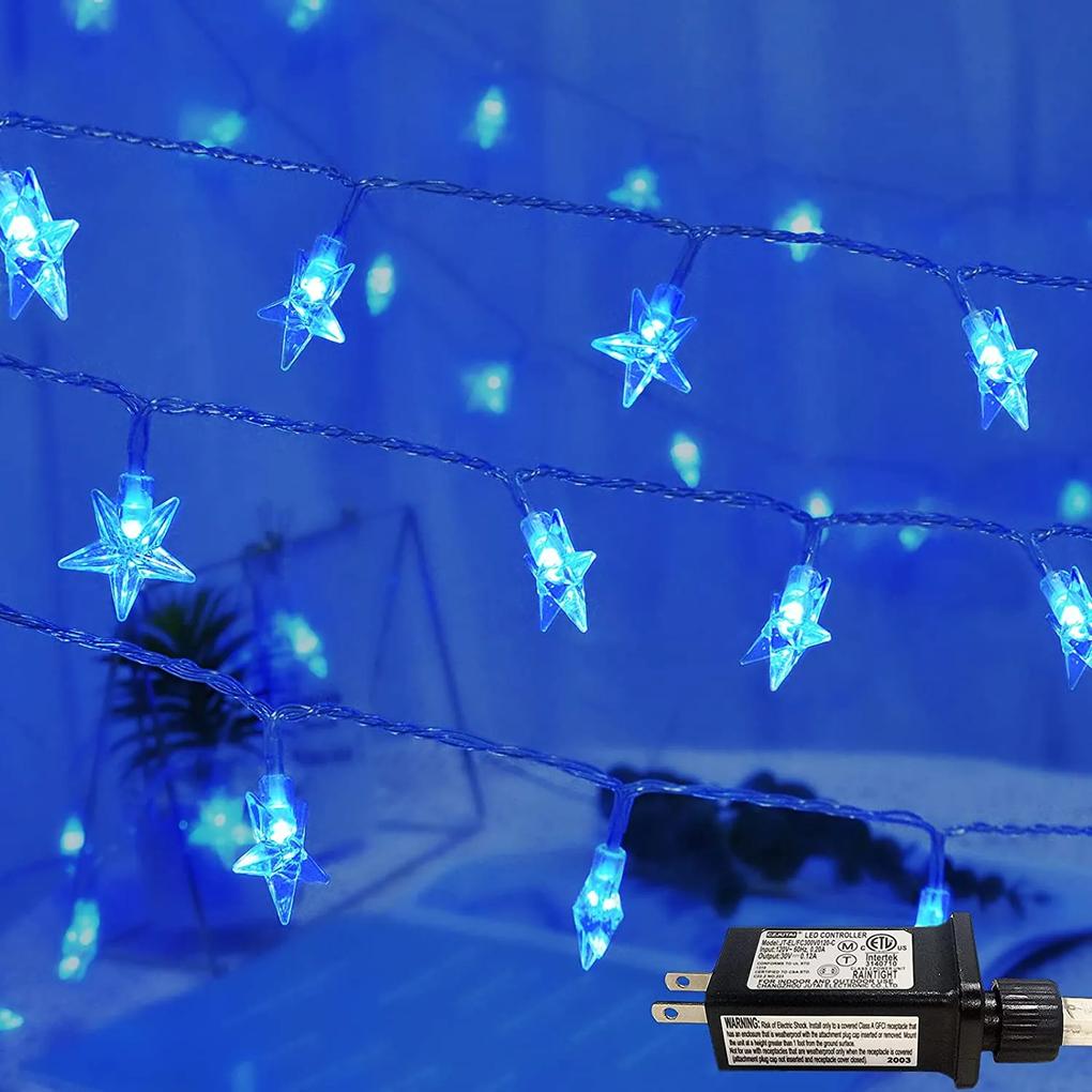 Vnitřní LED vánoční řetěz s hvězdičkami - modrá, 12m+1,5m, 100 LED diod