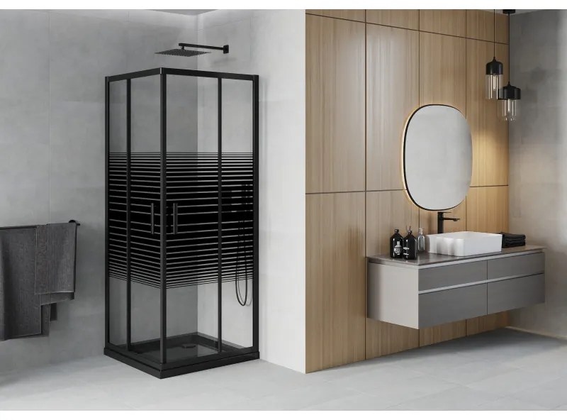 Mexen Rio, čtvercový sprchový kout 80(dveře)x80(dveře)x190 cm, 5mm čiré sklo-vzor pásky, černý profil + černá sprchová vanička SLIM, 860-080-080-70-20-4070B