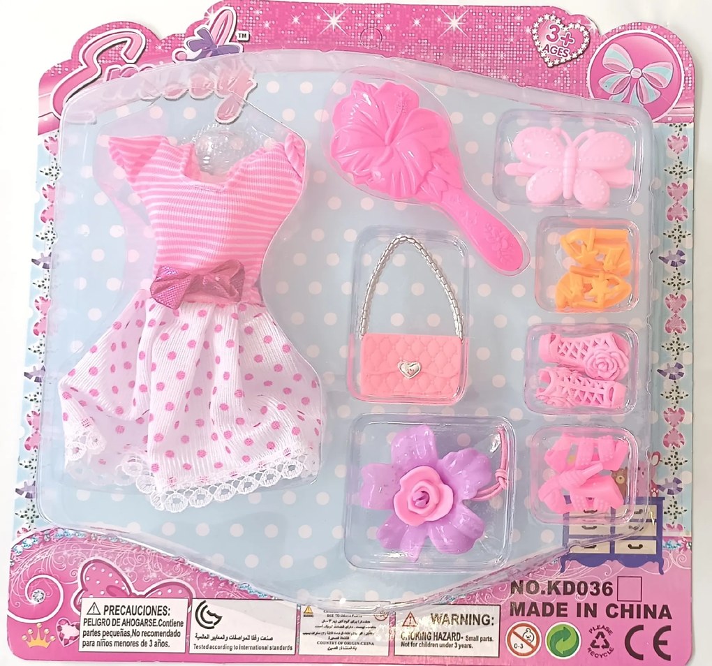 Šaty/oblečky na panenky Barbie s doplňky 3 druhy na kartě 24x24x3cm Varianta: růžovo-bílé šatičky s mašlí a doplňky