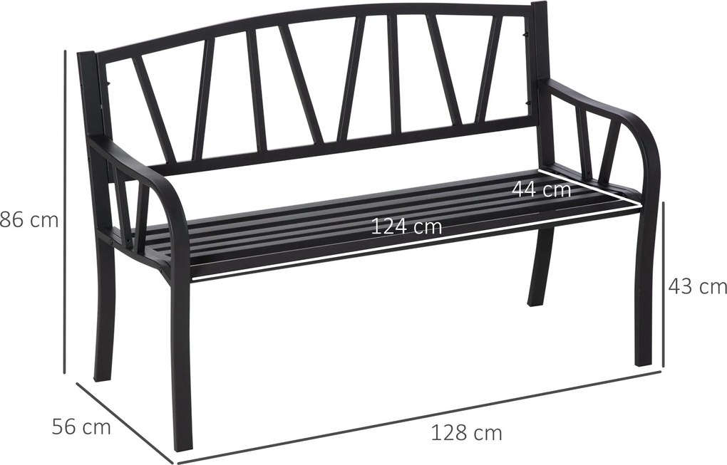 Outsunny Černá Voděodolná Metalová Zahradní Lavice, Venkovní Železná Lavice pro Dva, 128x56x86cm