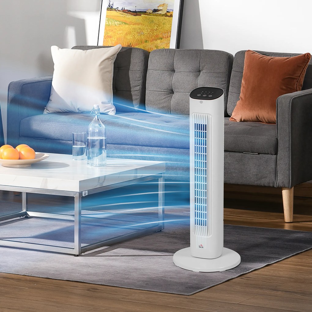85° oscilační věžový ventilátor s dálkovým ovládáním 3 rychlosti 2 režimy časovač LED displej 30x30x78 cm Bílá
