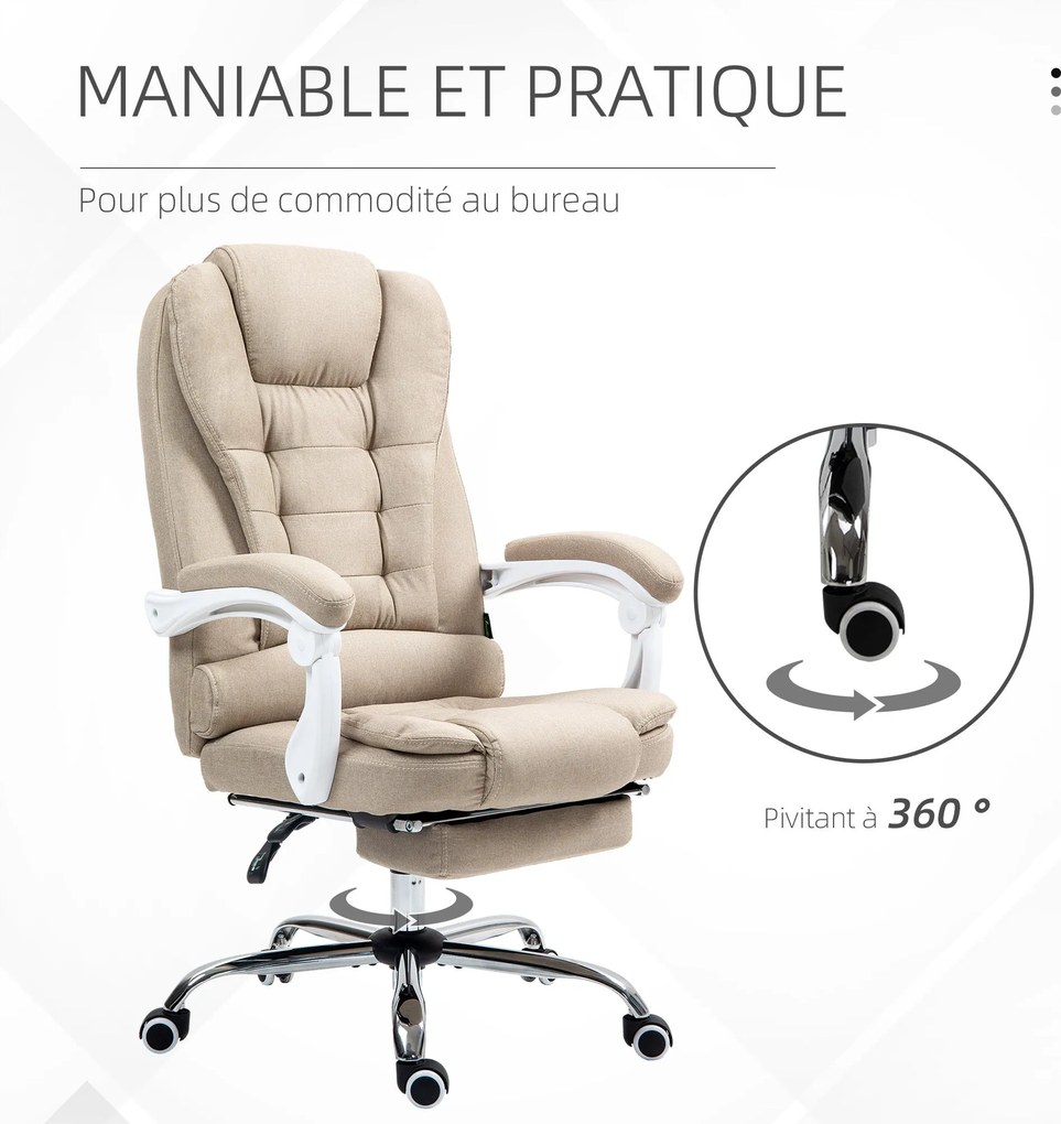 Ergonomická kancelářská židle Vinsetto, kancelářská židle s podnožkou, sklopným opěradlem, polstrovanými pod armresty a béžovou látkou připomínající …