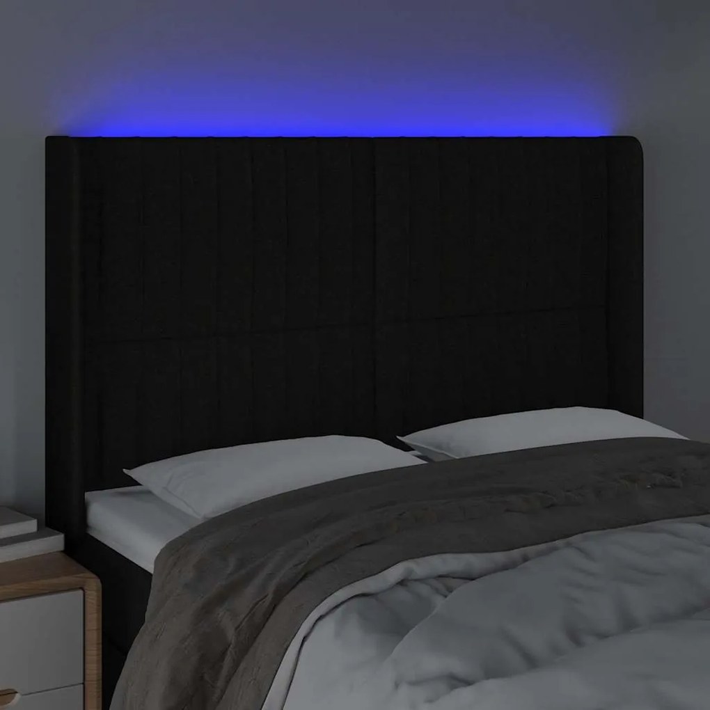 Čelo postele s LED černé 147 x 16 x 118/128 cm textil 3124286