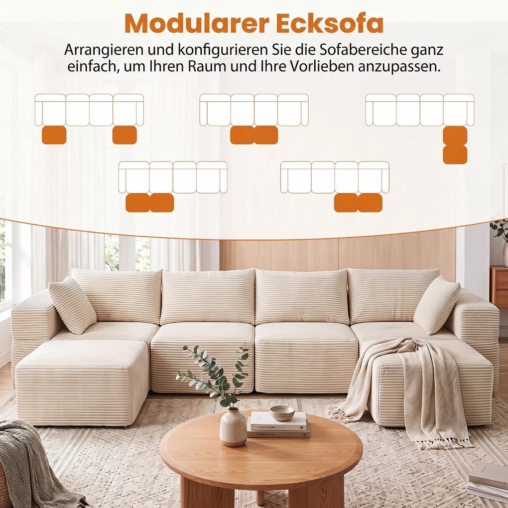 Costway Modulární manšestrová pohovka ve tvaru U/L Moderní rohová pohovka