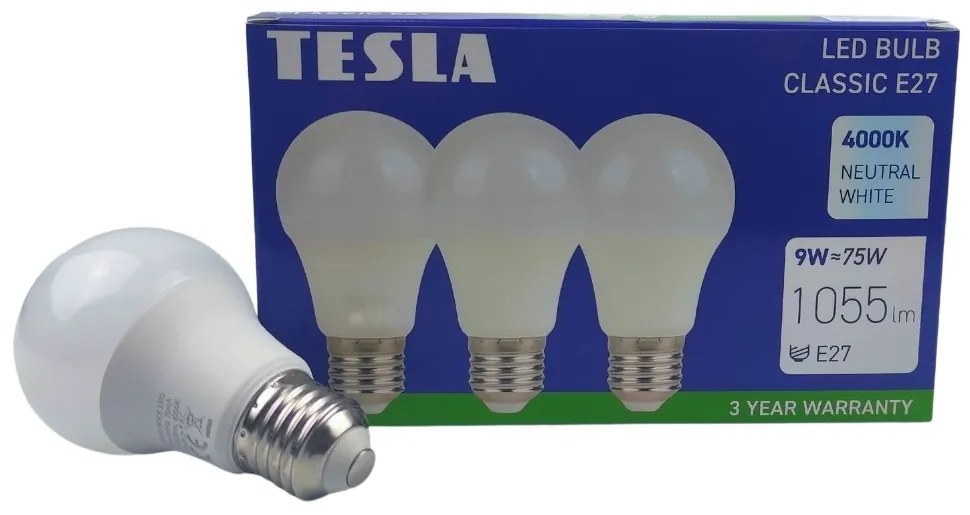 TESLA BL270940–3PACK - LED bulb žárovky E27, 9W, 1055 lm, 4000K, denní bílá, 3 ks v balení
