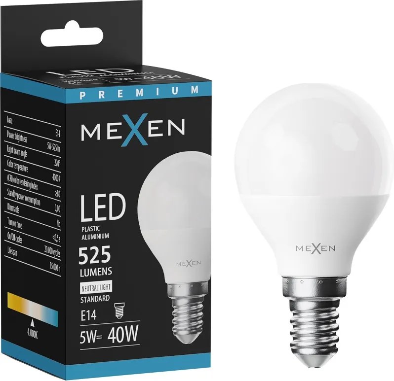 Mexen Nova, LED žárovka E14, G45, 5W, neutrální - 4000K, 525 lm - L101-E14-0540-01
