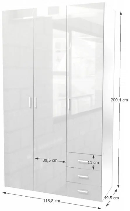 Skříň, 3 - dveřová, bílá extra vysoký lesk HG, GWEN 70427