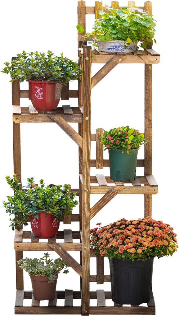 Dřevěný květinový regál Outsunny s 5 policemi - stojan na květináče, ornament s malými zábranami 60 x 30 x 130 cm z karbonizovaného borového dřeva pr…