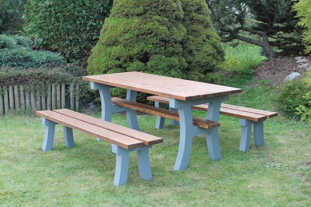 Výhodný set betonového stolu a 2 laviček bez opěradla Pekárek Barva prken: Palisandr, Ošetření betonových nohou: S povrchovou úpravou (penetrace, bar…