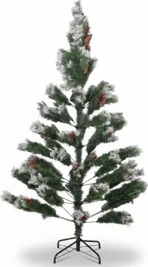 HOMCOM umělý zasněžený vánoční stromek 180 cm s 840 špičkami větviček, červené bobule, šišky, skládací ocelový stojan, rychlá montáž, zelený