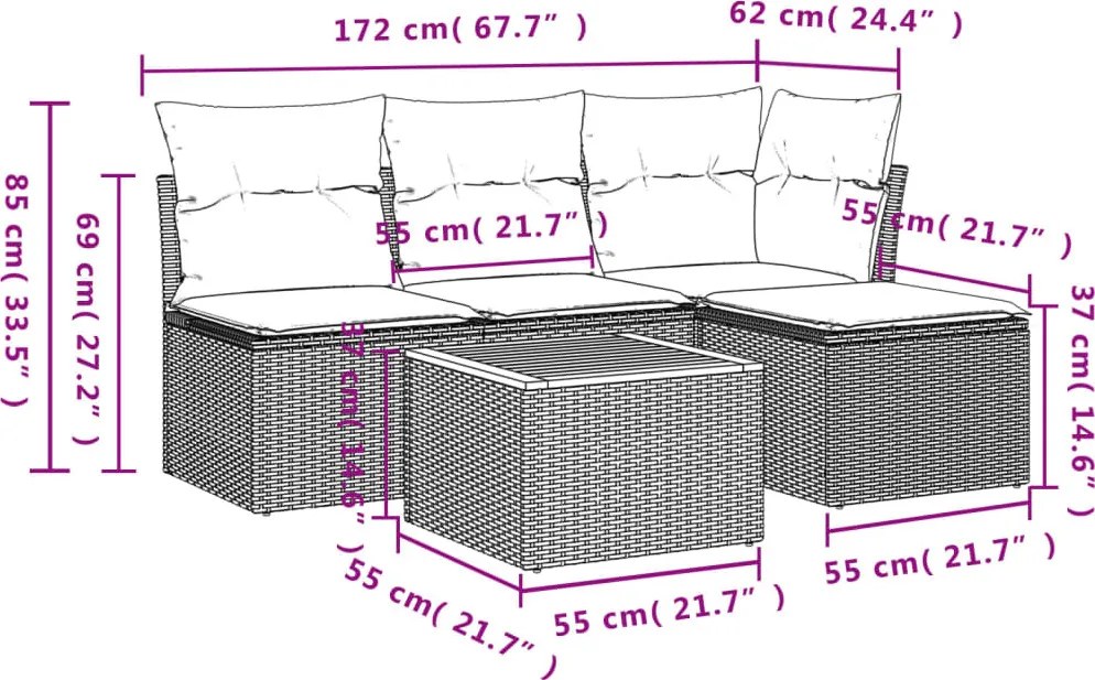 vidaXL 5dílná zahradní sedací souprava s poduškami polyratan [3255923] Barva: Černá