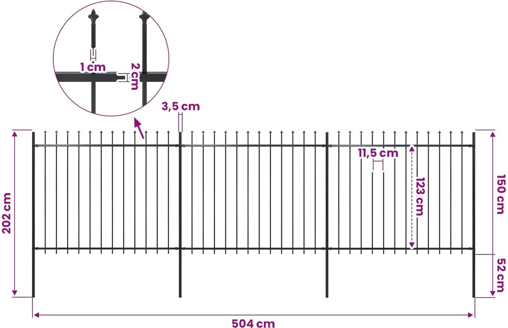 Zahradní plot s kopím nahoře ocelový 504 x 150 cm černý 277631