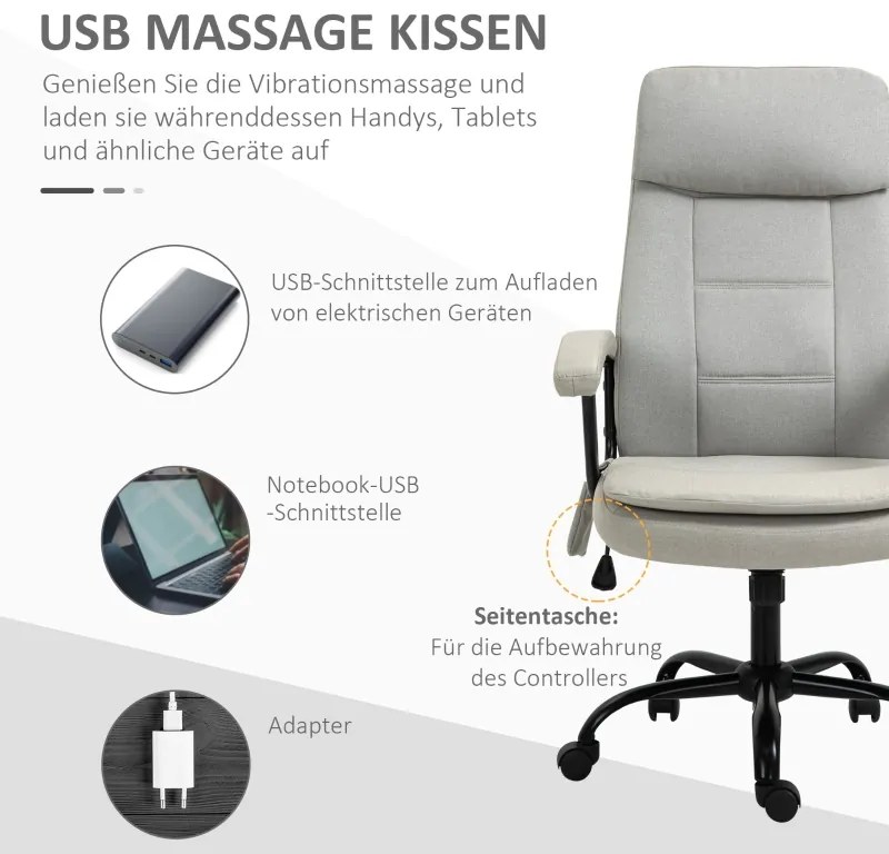 Vinsetto Masážní kancelářská výškově nastavitelná otočná židle, ergonomická, béžová 63 x 70 x 112-121 cm 921-308BG