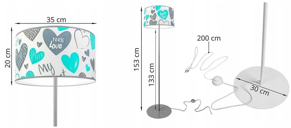 Dětská stojací lampa Heart, 1x bílé textilní stínítko se vzorem, (výběr ze 2 barev konstrukce), o, b
