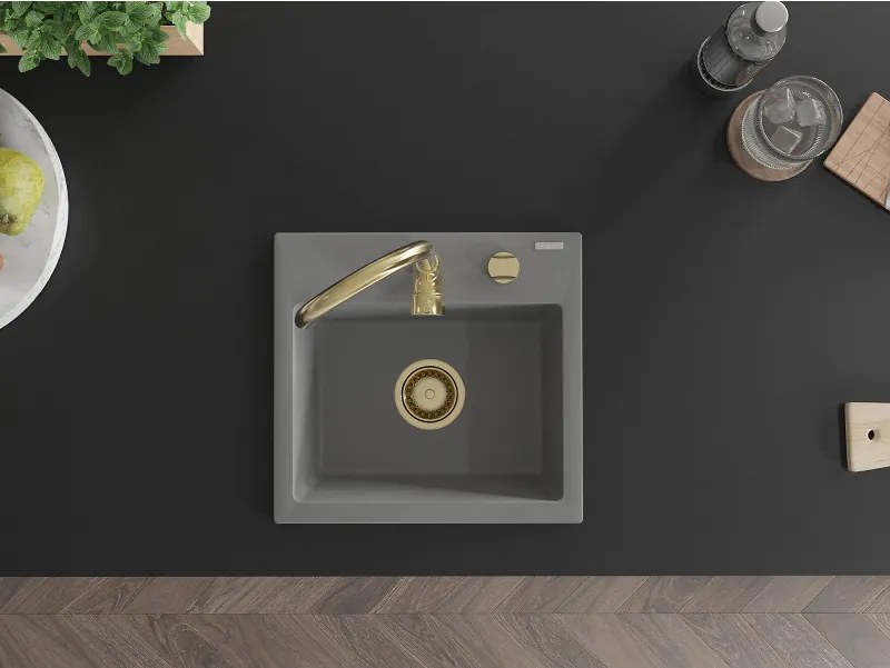 Mexen Milo, granitový dřez 435x410x171 mm, 1-komorový, šedá se zlatým sifonem, 6505441000-71-G