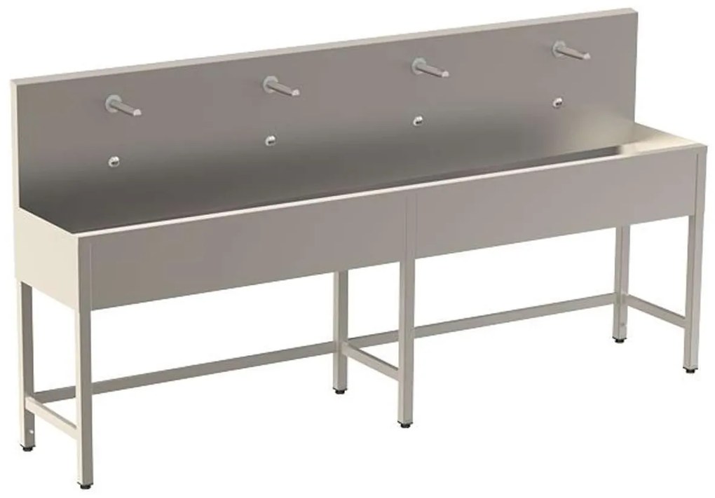 Sanela - Celoopláštěný stojící mycí žlab 2500 mm, 4 senzorové baterie s termostatem, síťové napájení, antivandal, nerez SLUN 52ET