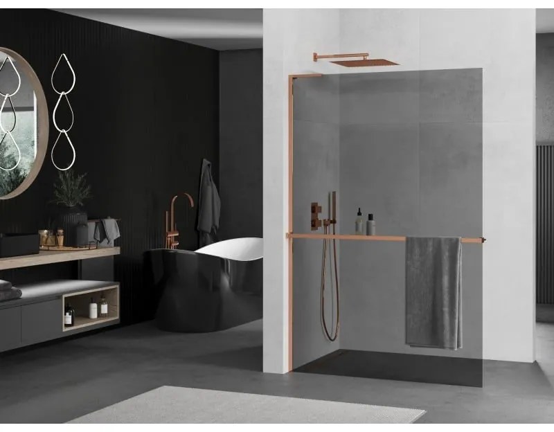 Mexen Kioto+ L, sprchová zástěna Walk-In s poličkou a věšákem 90 x 200 cm, 8mm šedé sklo, růžové zlato profil, 800-090-123-60-40
