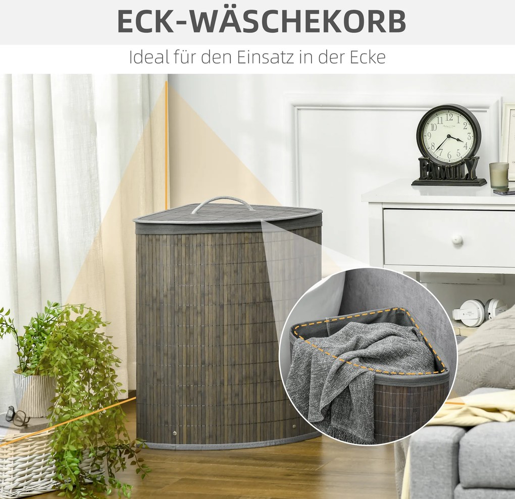 HOMCOM Bamboo Koš na Prádlo s Víkem 55L, Sběrač Prádla s Rukojeťmi, Odnímatelný Prádlo Vak, Rohový Koš na Prádlo pro Koupelnu, Ložnici, Šedý
