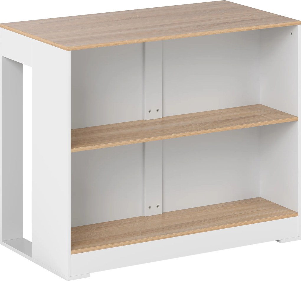 HOMCOM barový stůl, 3úrovňový vysoký stůl se 2 otevřenými přihrádkami, deska v designu přírodního dřeva 113 x 60 x 90 cm bílá