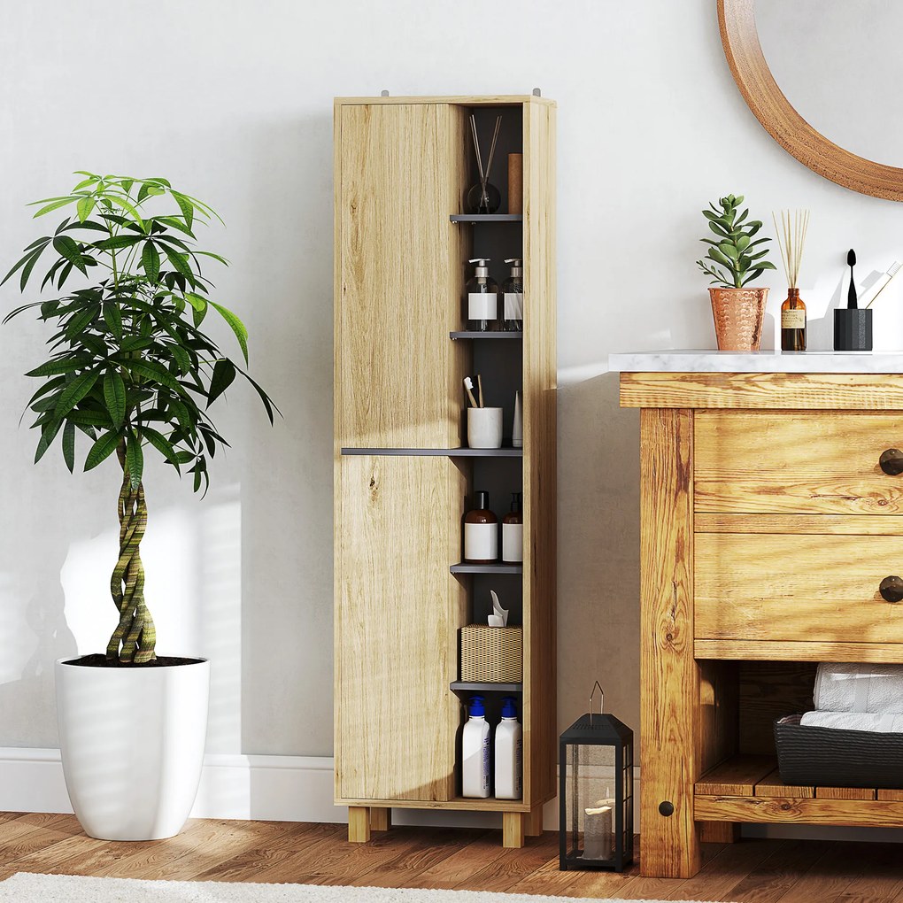 HOMCOM Koupelnová sloupková skříň, Koupelnová skříň s 6 otevřenými přihrádky a 2 skříněmi, rozměry 40Š x 24H x 148V cm, přirodní dřevo