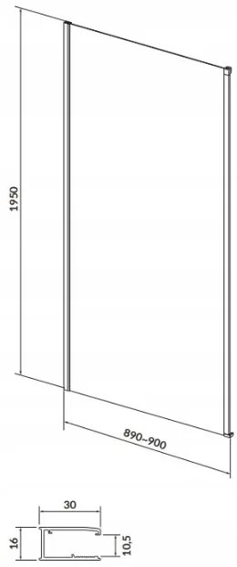 Cersanit LARGA, boční stěna ke sprchovým koutem 90x195cm, 6mm čiré sklo, černý profil, S932-134