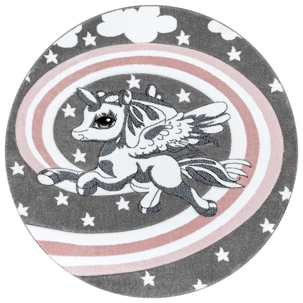 Dywany Łuszczów, Dětský kusový koberec Petit Pony grey kruh, 140x140 (průměr) kruh, růžová, dětský pokoj