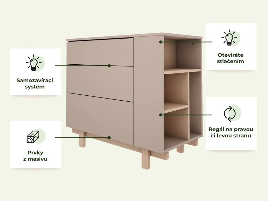 Dětská komoda se třemi šuplíky a otevřeným regálem BASIC mocca