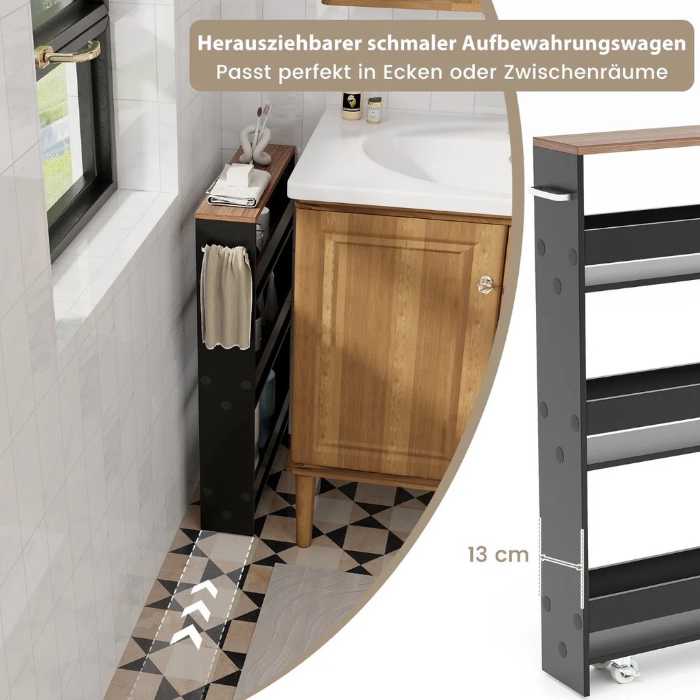Costway 4patrová výklenková police na dřevěných kolečkách s rukojetí – černý