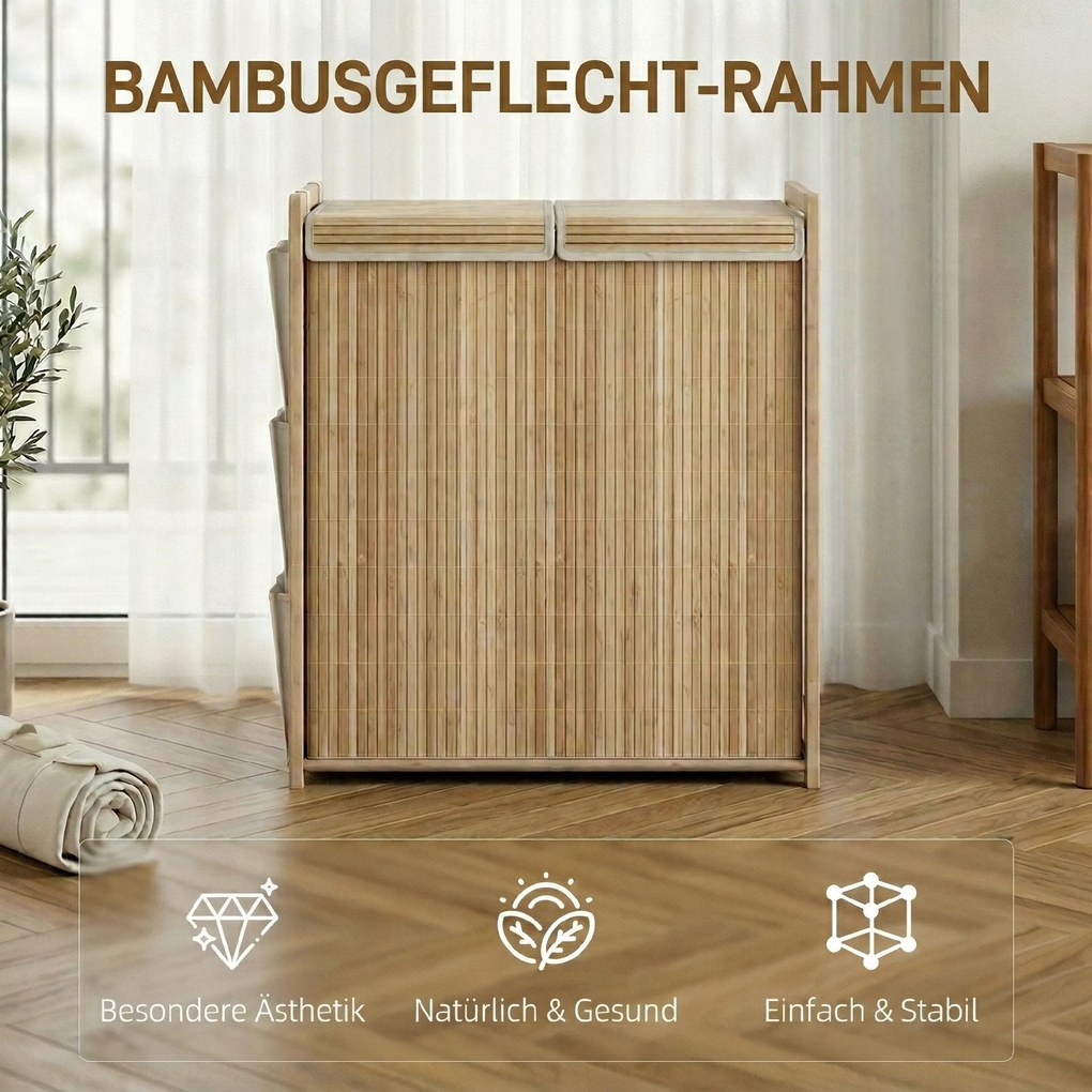 HOMCOM 120 l bambusový koš na prádlo s víkem, 2 přihrádky, snímatelné vaky se šňůrkou, boční kapsy, 63 × 33 × 78 cm, přírodní