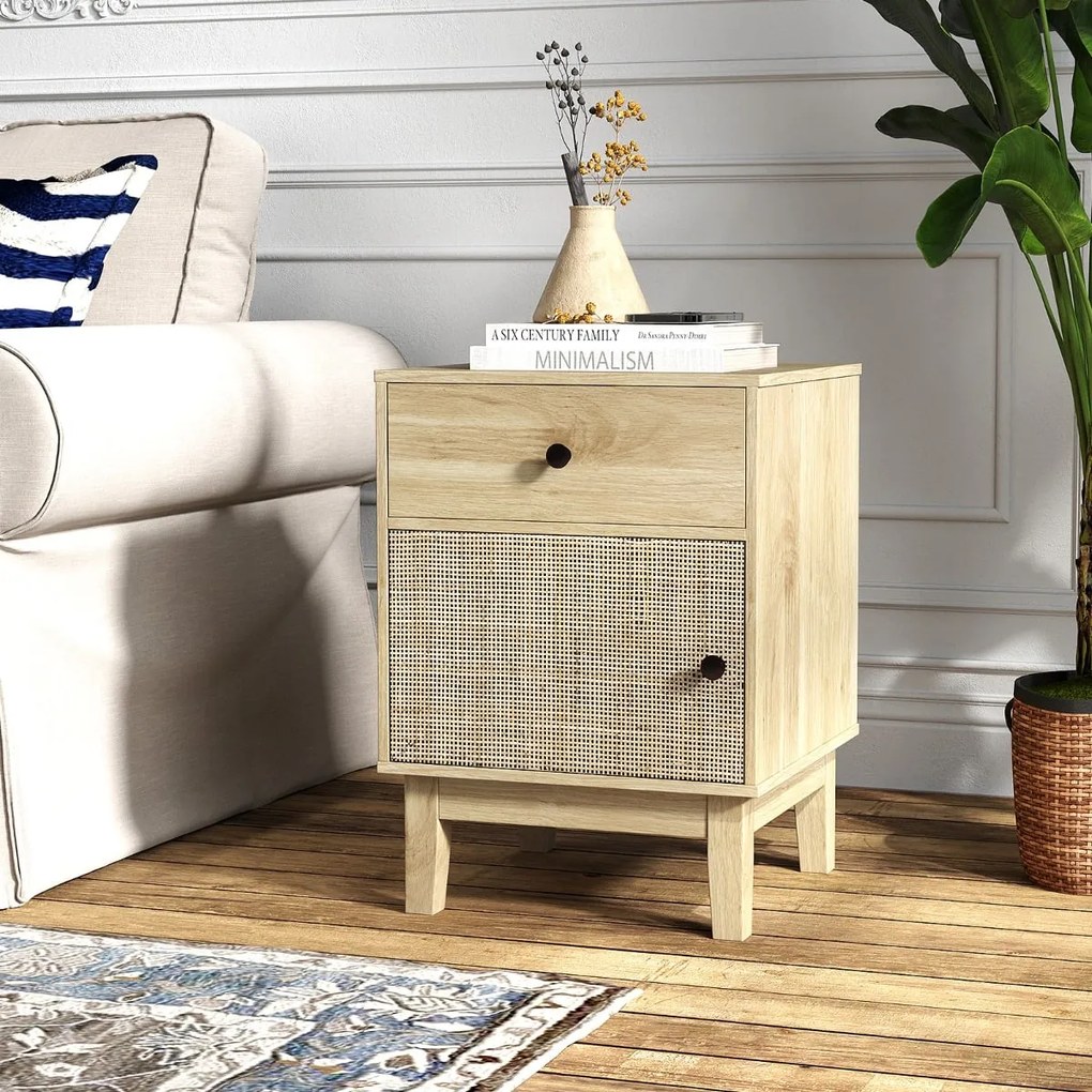 Costway Ratanový noční stolek se zásuvkou a nočním stolkem v boho stylu přírodní