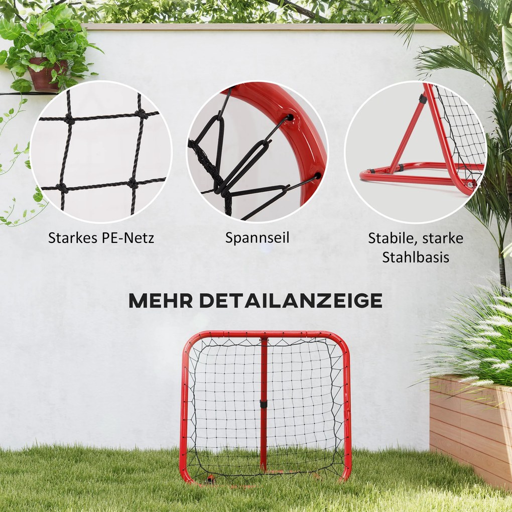 HOMCOM Odrážedlo pro fotbal, skládací fotbalové odražedlo 63 x 63 cm Nastavitelná fotbalová branka pro baseball basketbal, kovová, červená barva