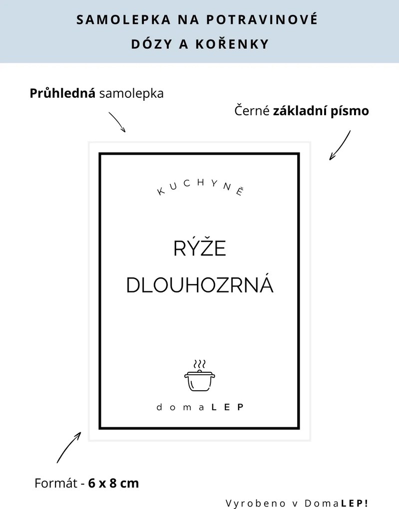 RÝŽE HNĚDÁ – průhledná samolepka na dózu, základní písmo, 6 x 8 cm | DomaLEP
