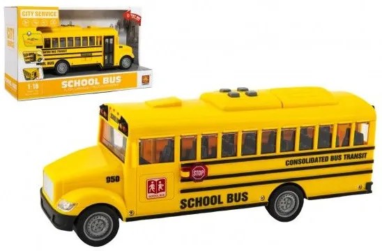 Autobus školní plast 27cm na setrvačník na baterie se světlem se zvukem v krabici 32x19x12cm