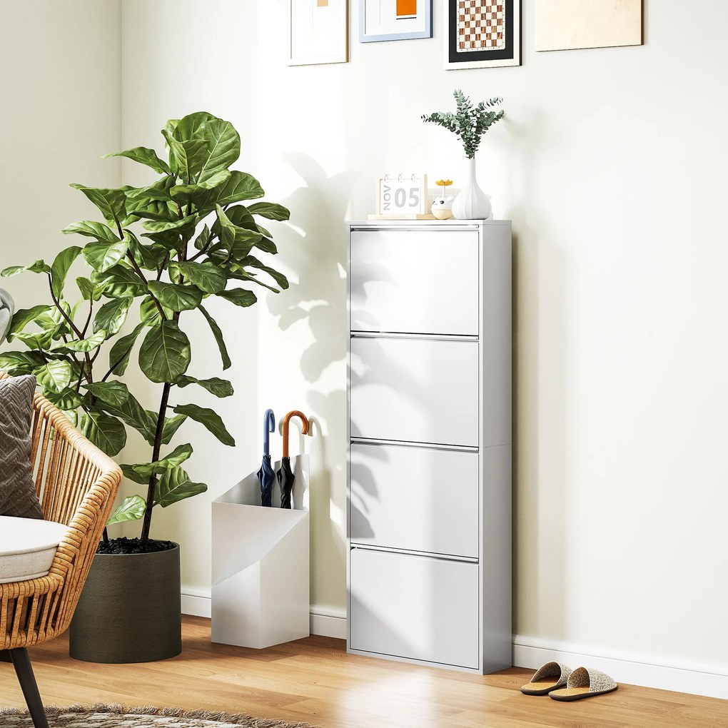 HOMCOM Kovový botník se 4 sklápěcími dvířky, úzký botník pro 8 párů bot 55 x 15 x 139,5 cm Bílý