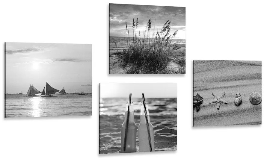 Set obrazů moře a pláž v černobílém provedení