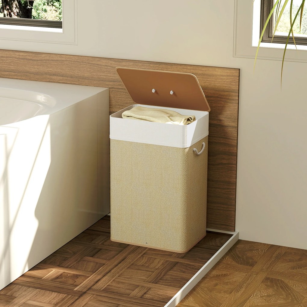 HOMCOM Koš na prádlo s víkem 72L, bambusový koš na prádlo s odnímatelnou vnitřní taškou a úchyty do prádelny, ložnice 40x30x60 cm Přírodní