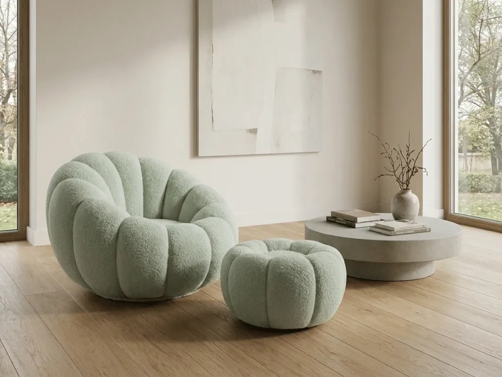 Otočné designové křeslo BLOOM s taburetem, světle zelená