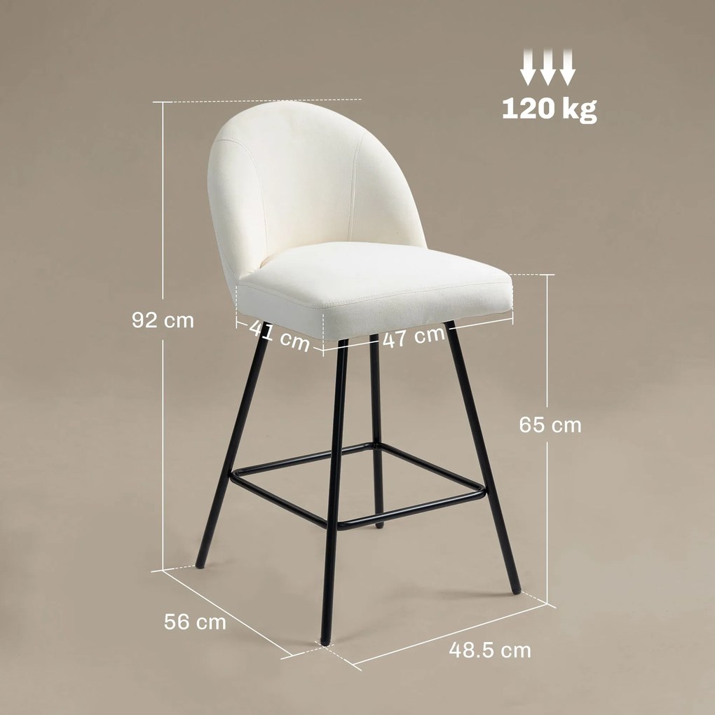HOMCOM Sada 2 Barových Židlí s Velurovým Opěradlem, Vysoké Židle s Opěrkou Nohou pro Kuchyňský Ostrov a Barový Pult, 48,5x56x92 cm, Krémově Bílá
