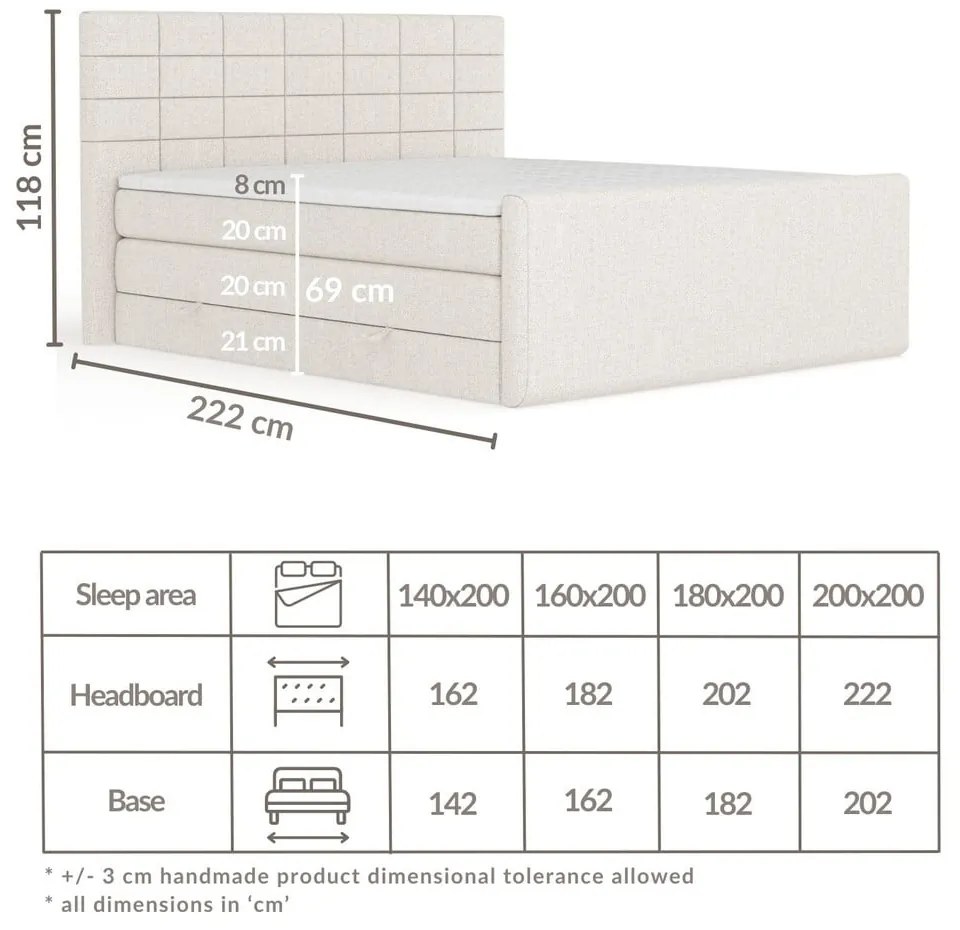 Béžová boxspring postel s úložným prostorem 200x200 cm Ava – Maison de Rêve