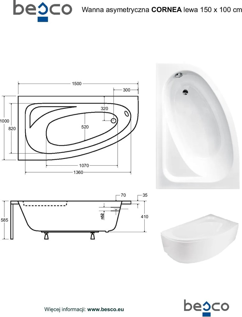 Besco CORNEA 150 cm VANCOR150L vana bez nožiček levá Koupelny Bernold