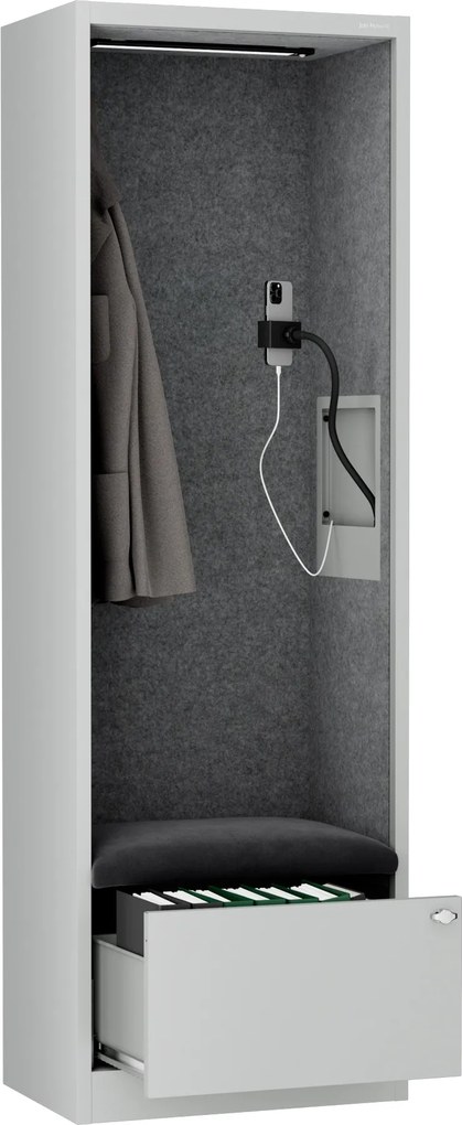 Kancelářská akustická kabina se sedátkem a USB-C portem, korpus šedý / sedák tmavě šedá, 600 mm: SALLY MentalBox