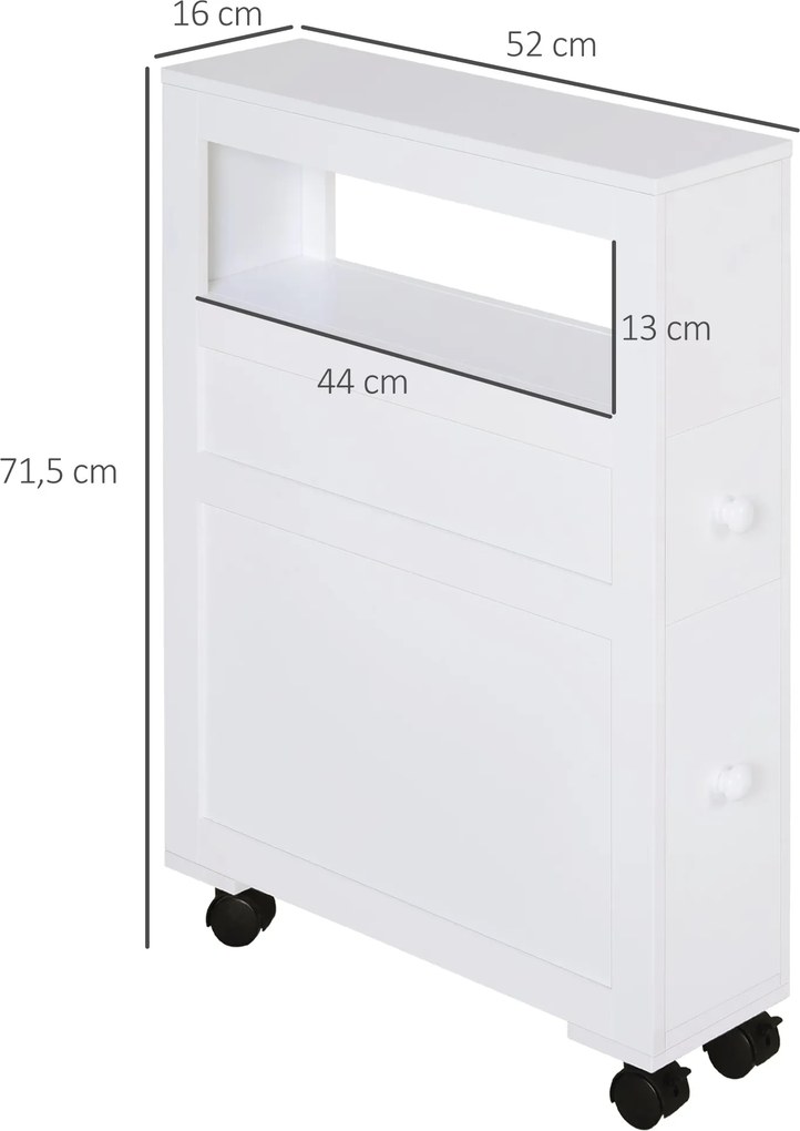 HOMCOM Koupelnová Skříňka na Kolečkách Úzká Koupelnová Skříňka se 2 Zásuvkami a Poličkou Nosnost 20 kg 16x52x71,5 cm Bílá