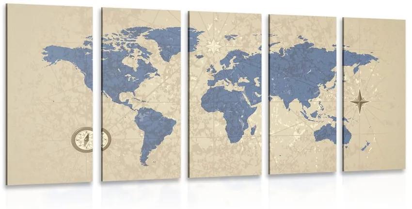 5-dílný obraz mapa světa s kompasem v retro stylu Varianta: 200x100